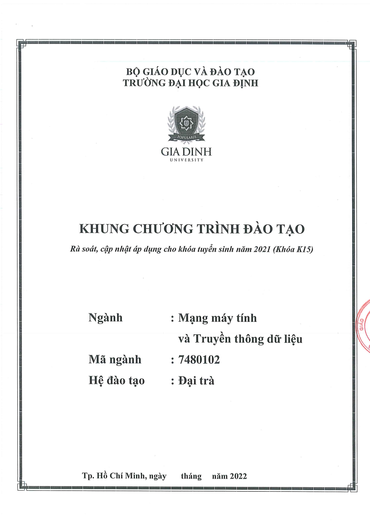 KHUNG CHƯƠNG TRÌNH ĐÀO TẠO ĐẠI TRÀ NGÀNH MẠNG MÁY TÍNH VÀ TRUYỀN THÔNG DỮ LIỆU KHÓA K15